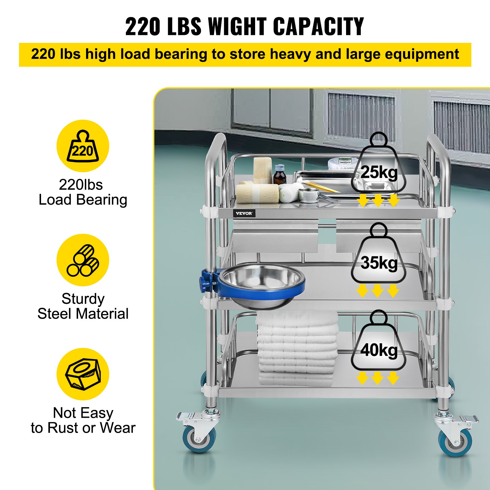 VEVOR Lab Cart 3 Layer Cart Double Drawers Stainless Steel Cart 1 ...