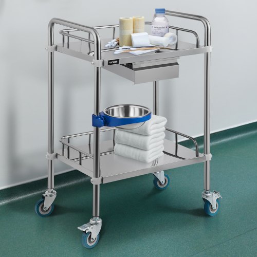 VEVOR Lab Cart 2 Layers Dental Cart with 1 Drawer Stainless Steel Cart ...