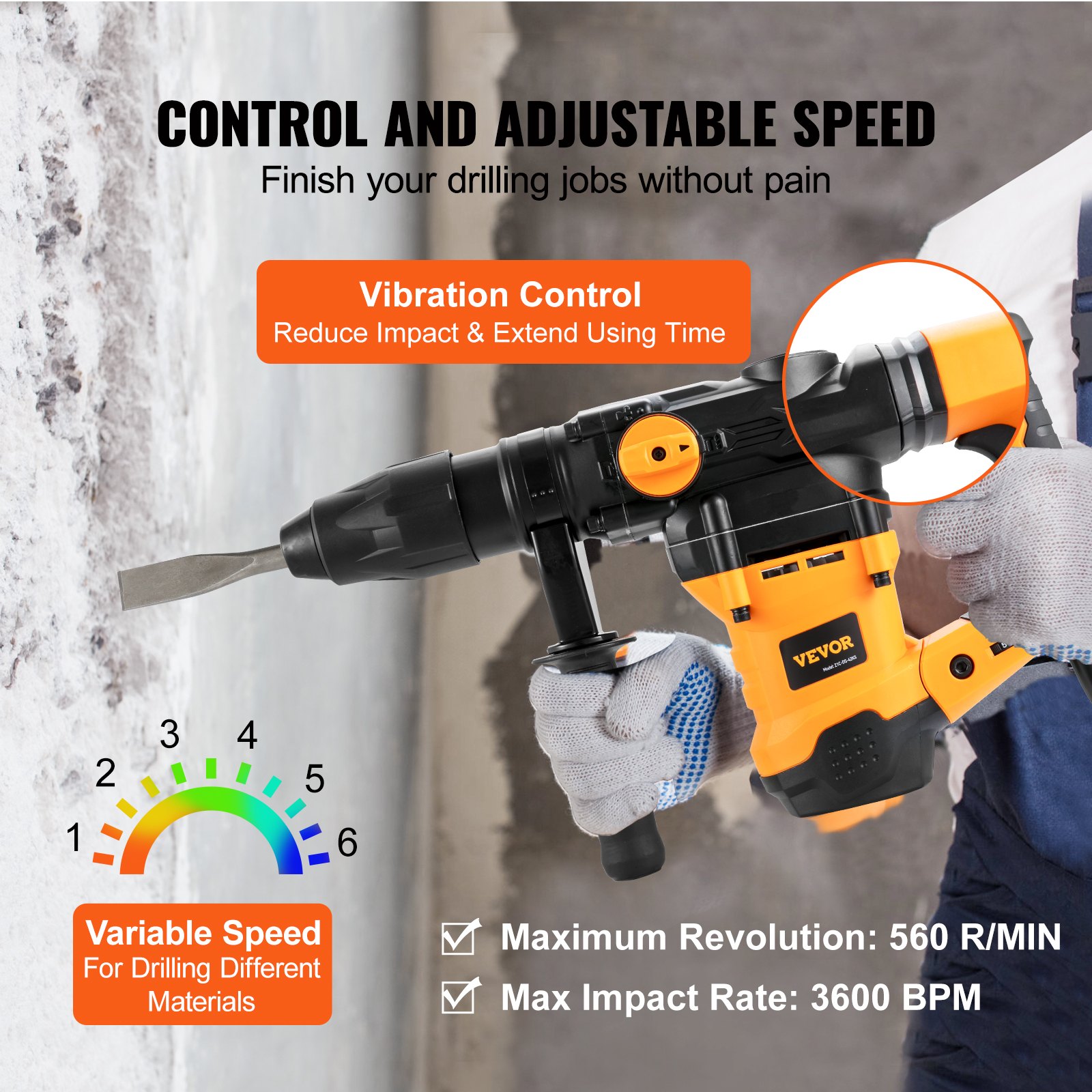 VEVOR VEVOR Rotary Hammer Drill Corded Drills 1-9/16" 3 Modes SDS-MAX ...