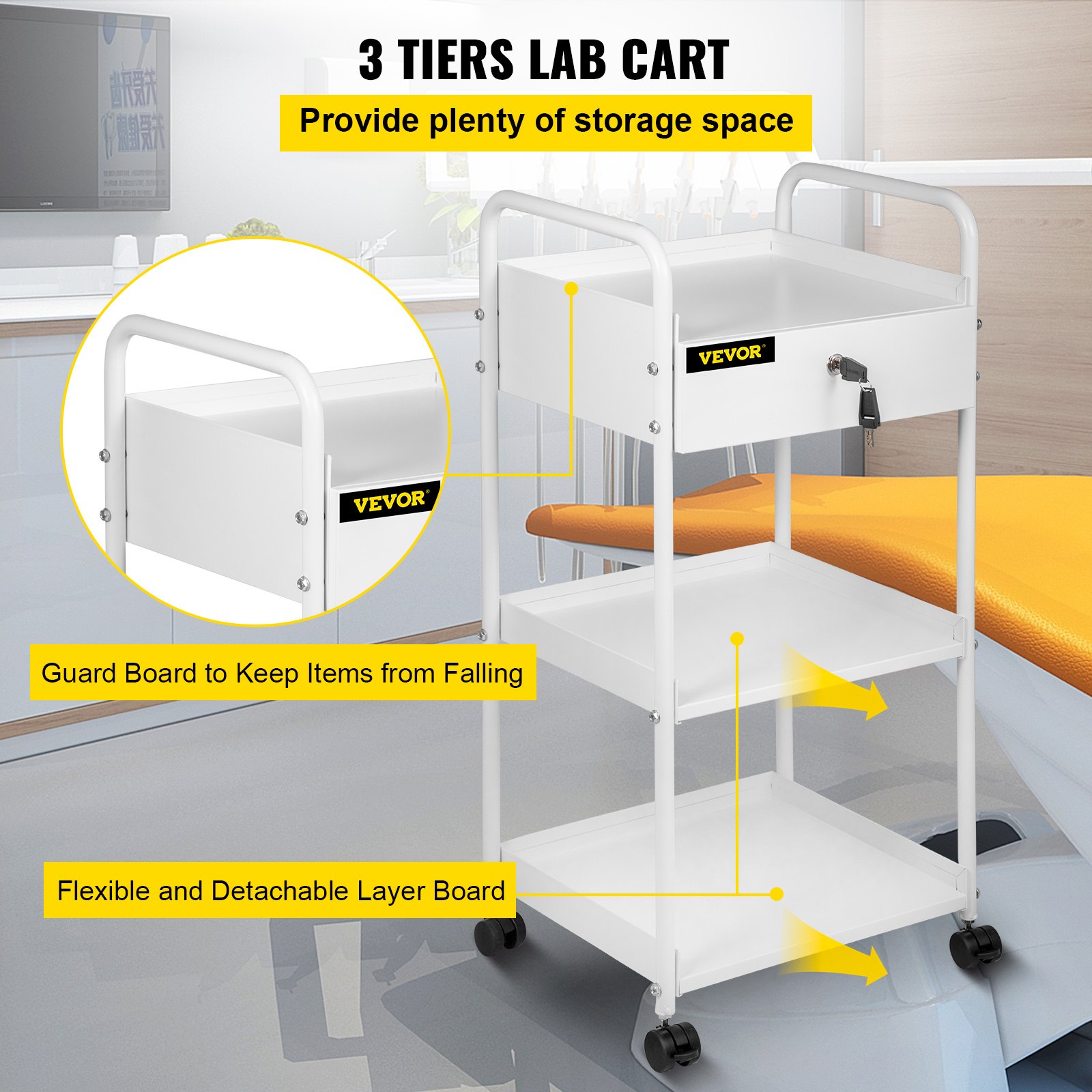 Vevor Trolley Cart Dental Lab Trolley Steel Mobile Rolling Serving Cart ...
