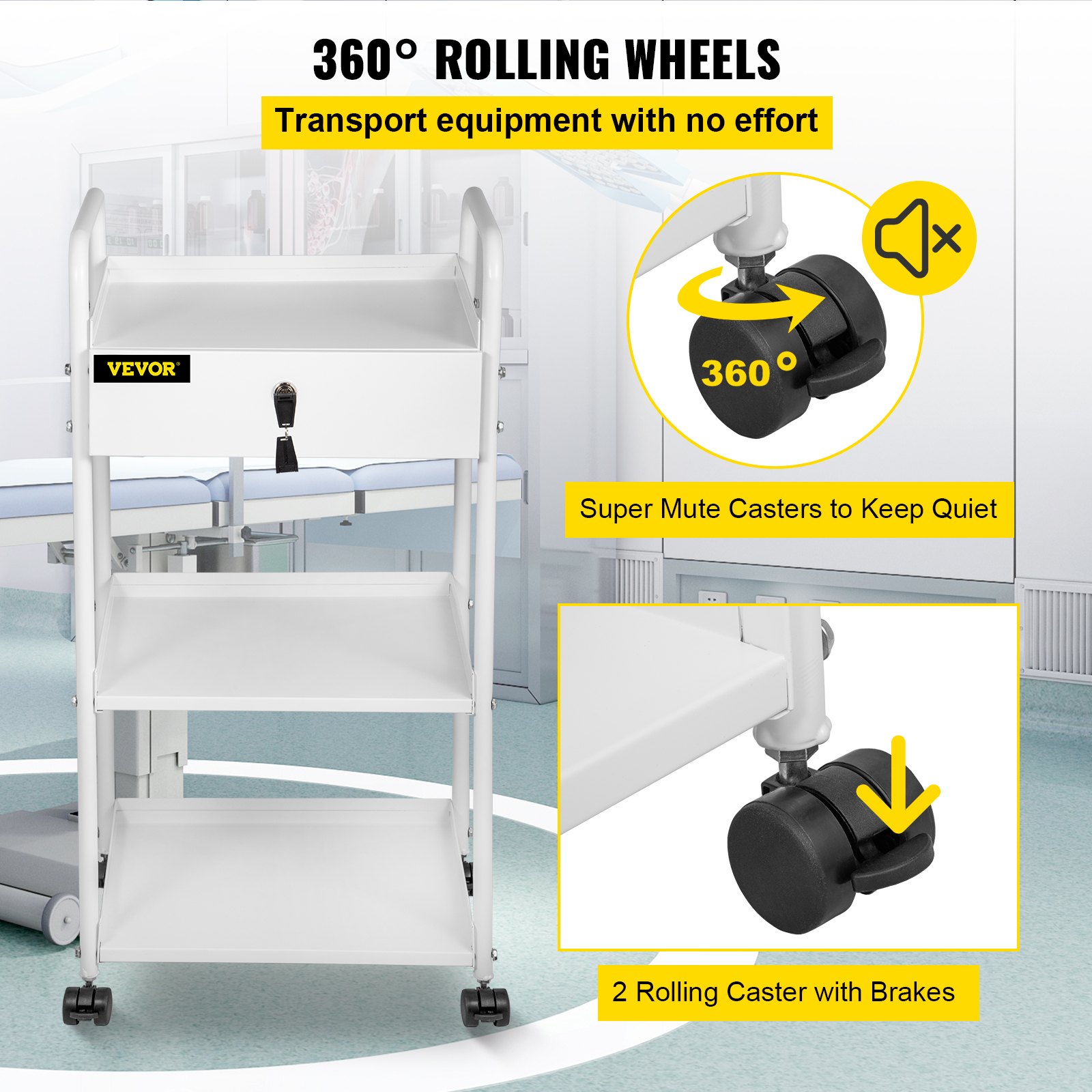 Vevor Trolley Cart Dental Lab Trolley Steel Mobile Rolling Serving Cart ...