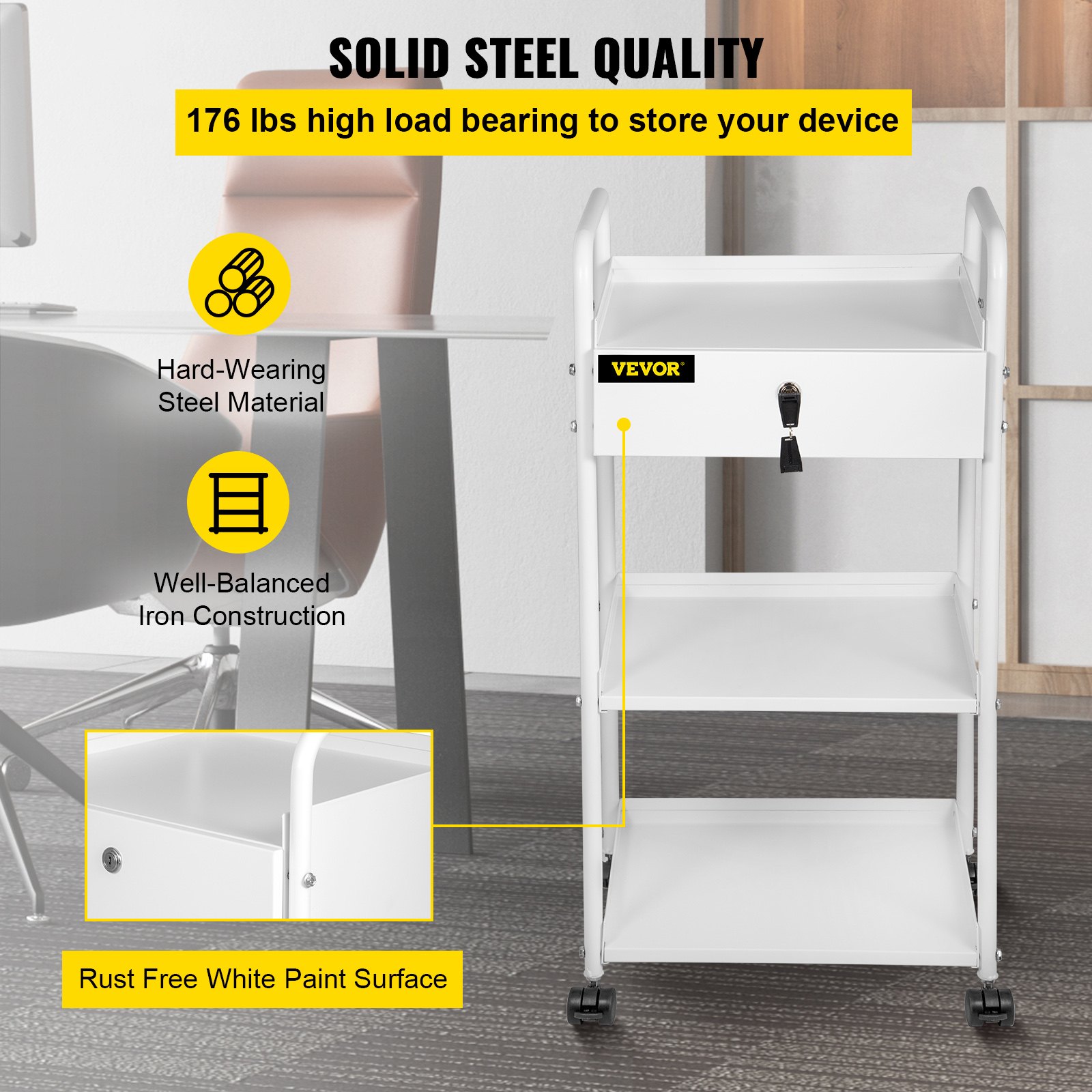 VEVOR Lab Cart, 3 Tiers Lab Trolley, Steel Lab Utility Cart, 360 ...