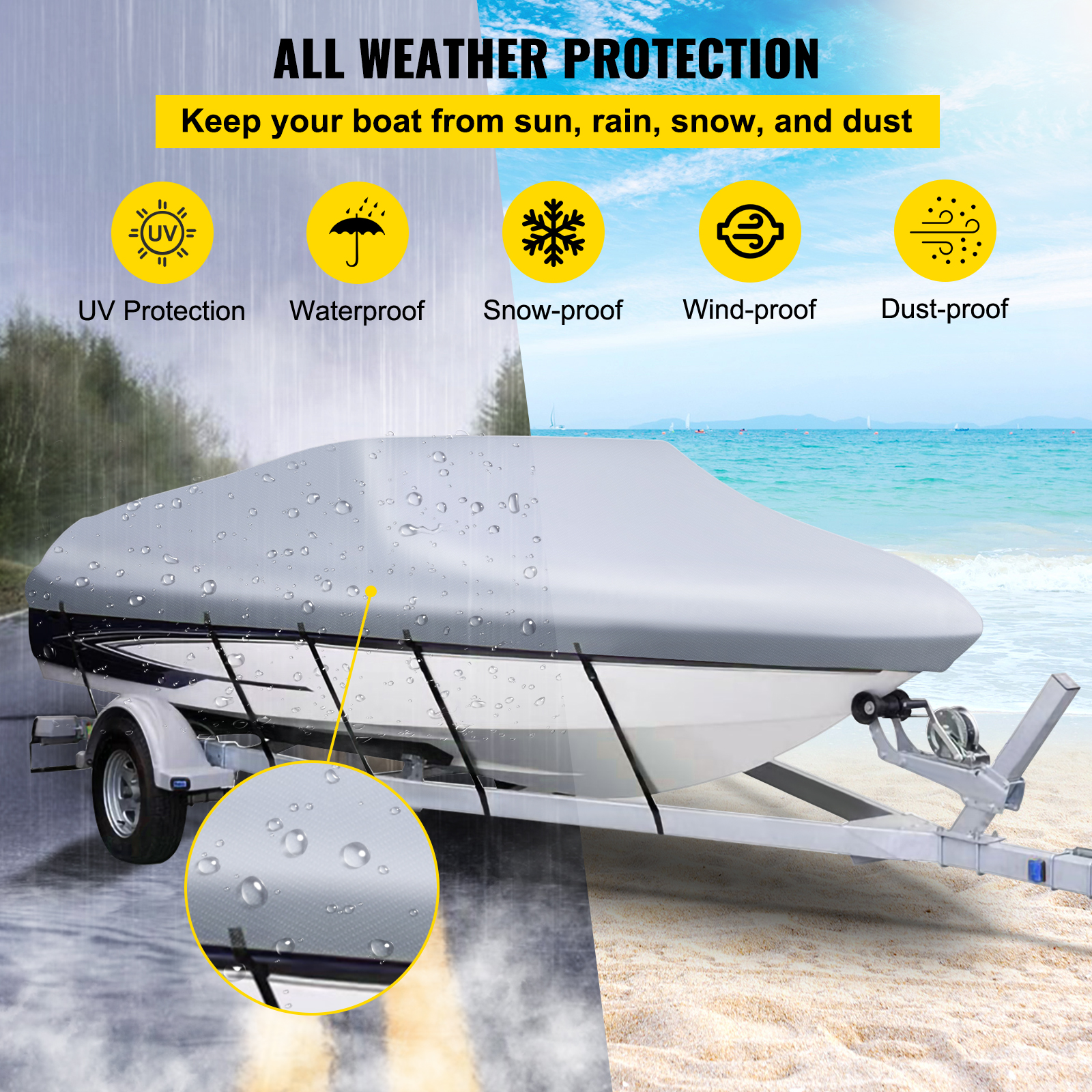 VEVOR Waterproof Boat Cover, 16'-18.5' Trailerable Boat Cover, Beam ...