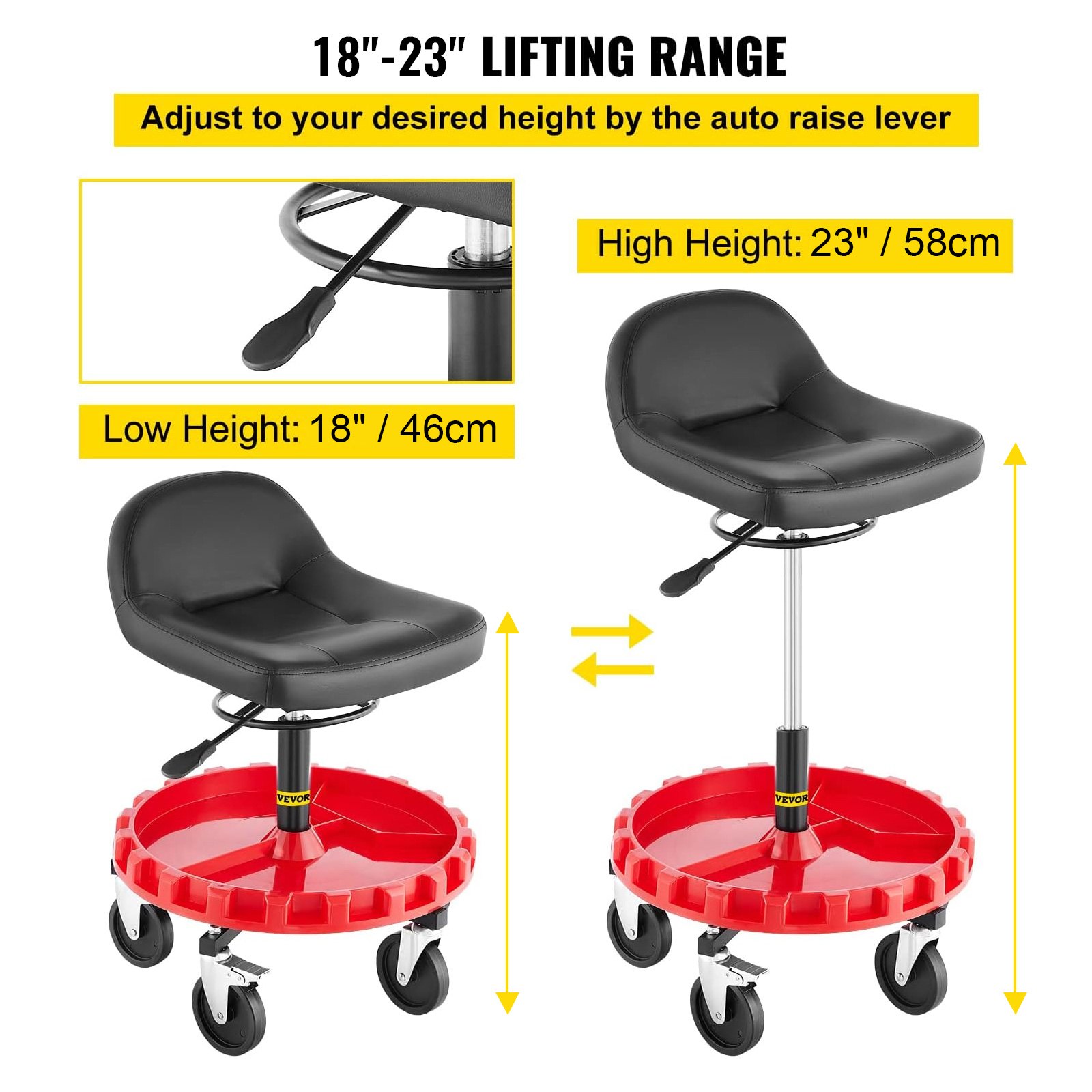 VEVOR Shop Stool, 300 LBS Rolling Garage Stool, 22” to 26” Adjustable ...