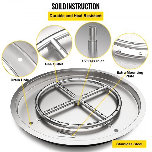 VEVOR Drop in Fire Pit Pan, 19" x 19" Round Fire Pit Burner, Stainless ...
