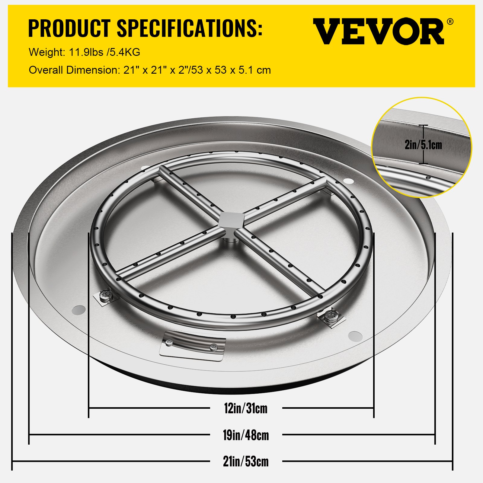 VEVOR Drop in Fire Pit Pan, 19" x 19" Round Fire Pit Burner, Stainless ...
