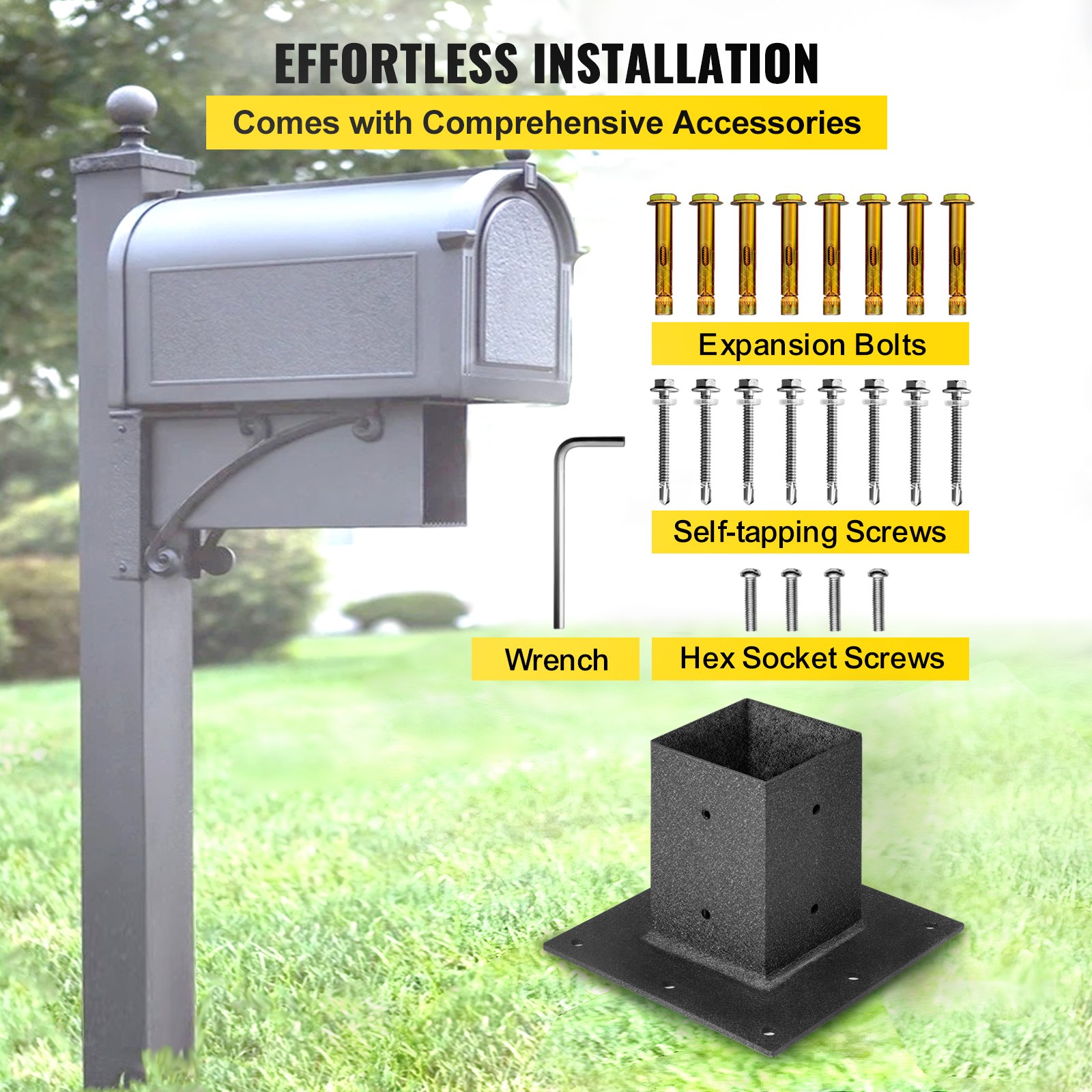 VEVOR Post Base, 4"x4" Mailbox Base Plate, Black Powder-Coated Fence ...