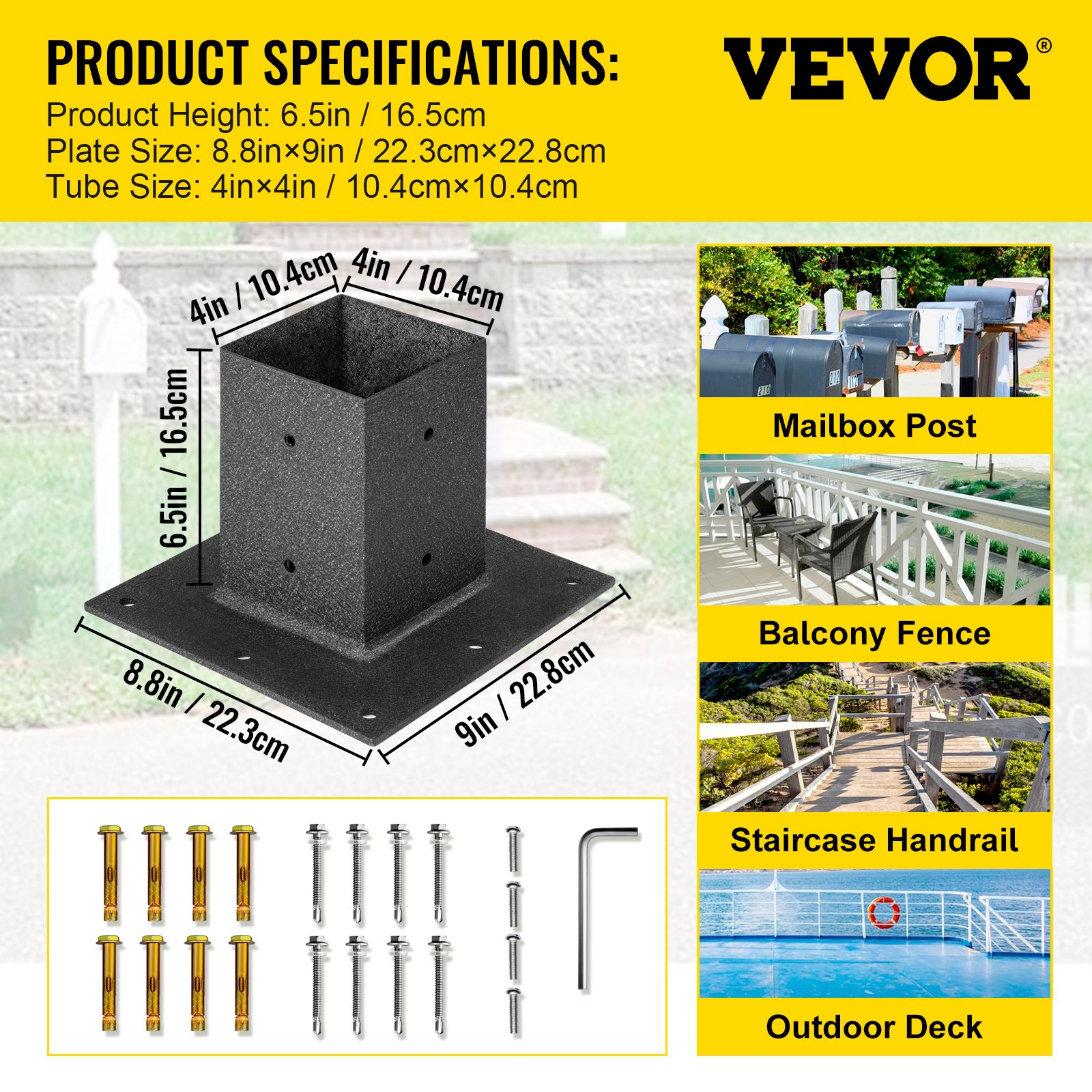 VEVOR Post Base, 4"x4" Mailbox Base Plate, Black Powder-Coated Fence ...