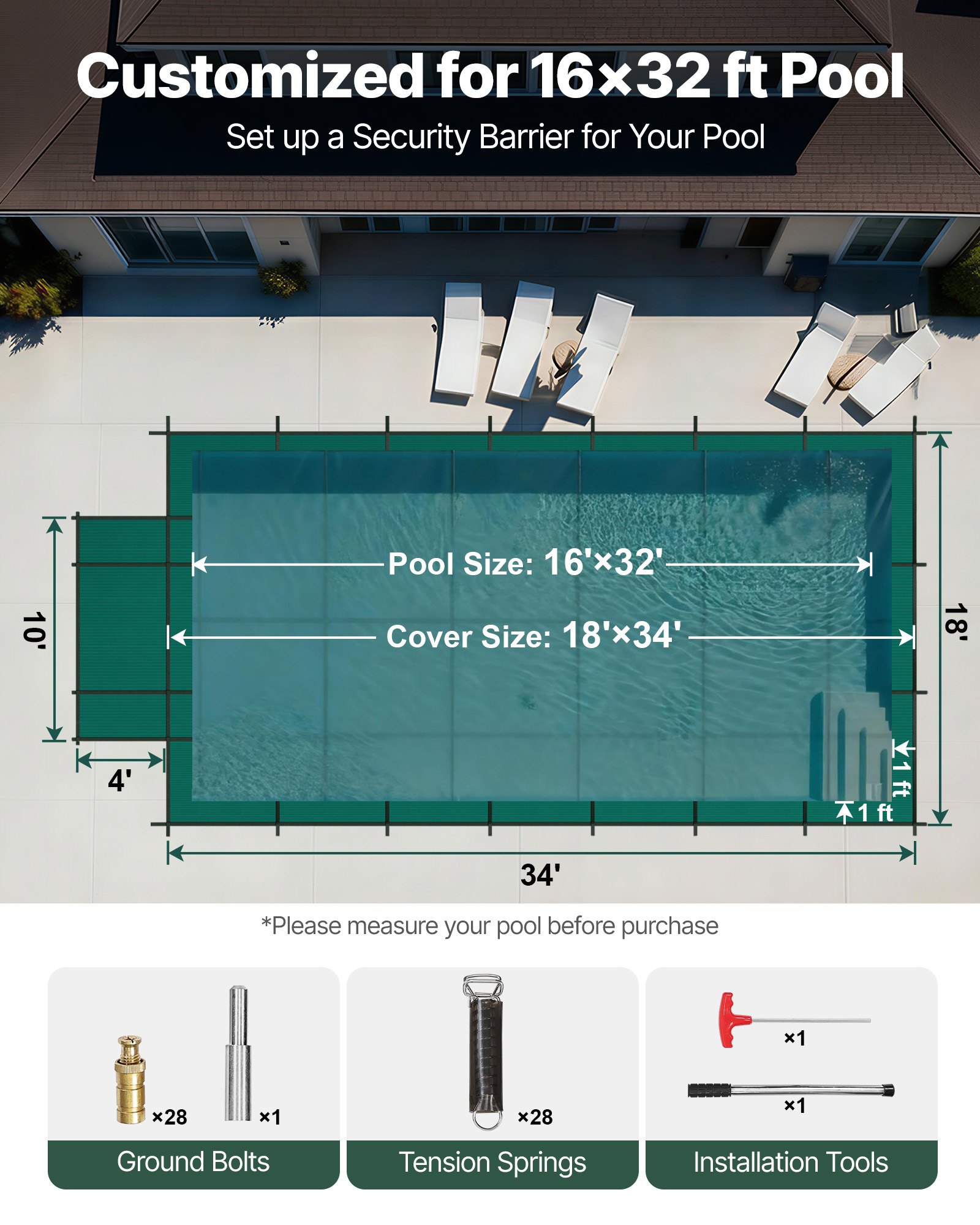 Rectangular Safety Pool Cover 16X32 FT Green Step Section 4X8 FT Winter ...