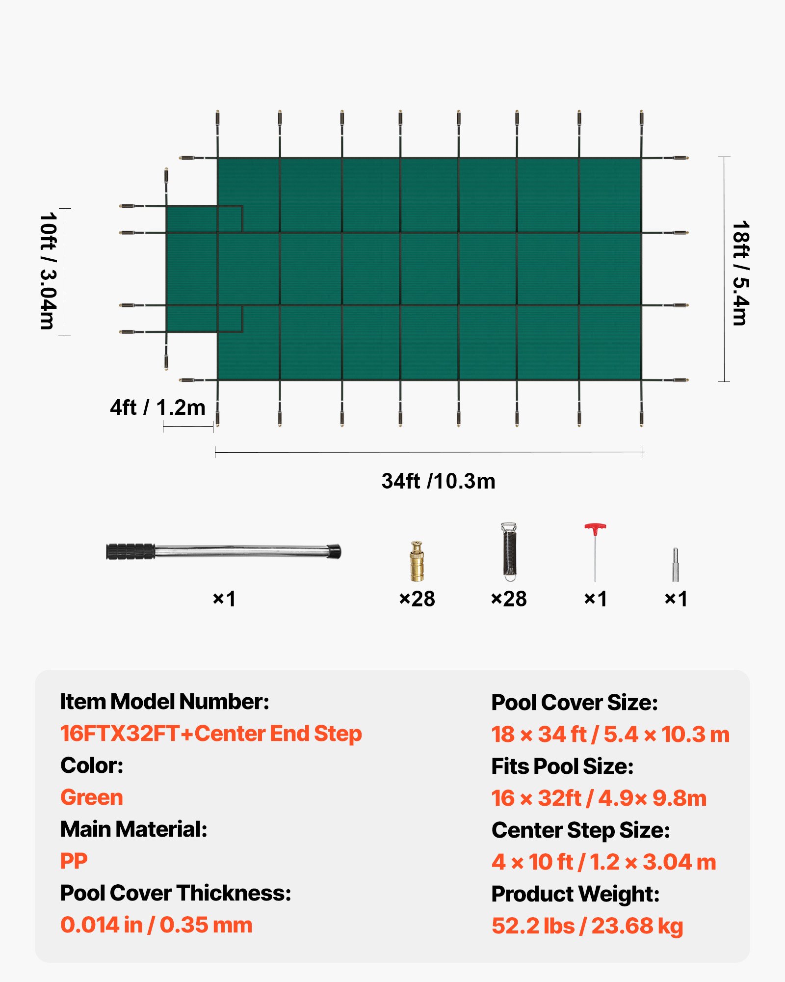 Rectangular Safety Pool Cover 16X32 FT Green Step Section 4X8 FT Winter ...