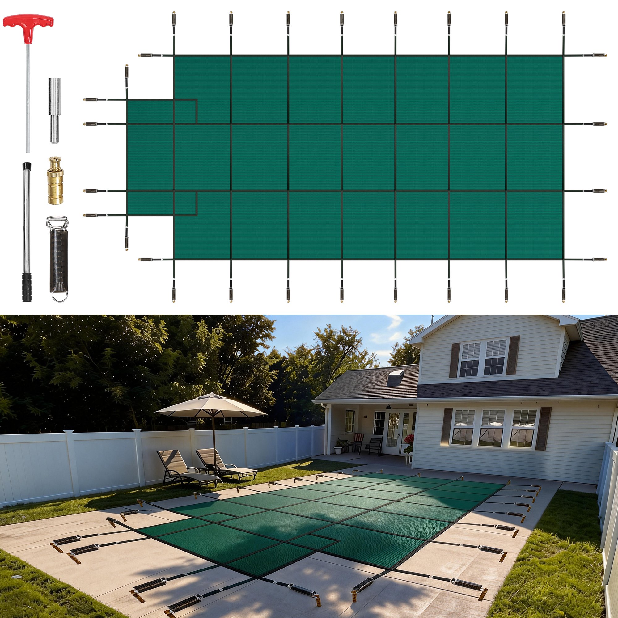 Rectangular Safety Pool Cover 16X32 FT Green Step Section 4X8 FT Winter ...