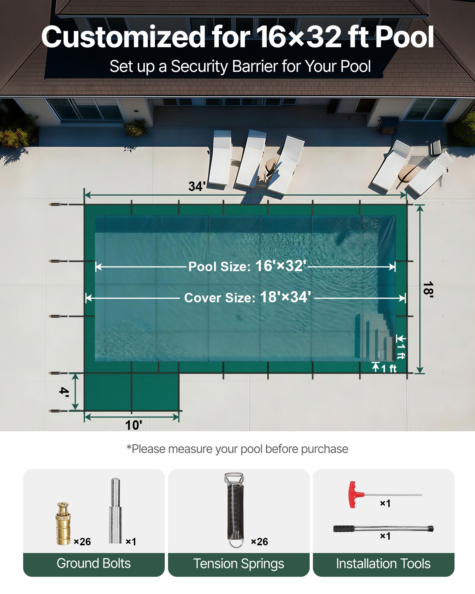 VEVOR Inground Pool Safety Cover, 18 ft x 34 ft Rectangular Winter Pool ...
