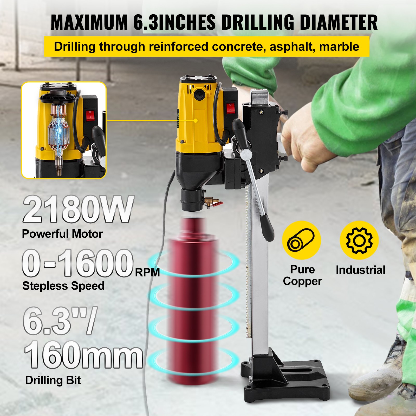 VEVOR 6 Inch/160MM Diamond Core Drilling Machine 2180W Diamond Core ...
