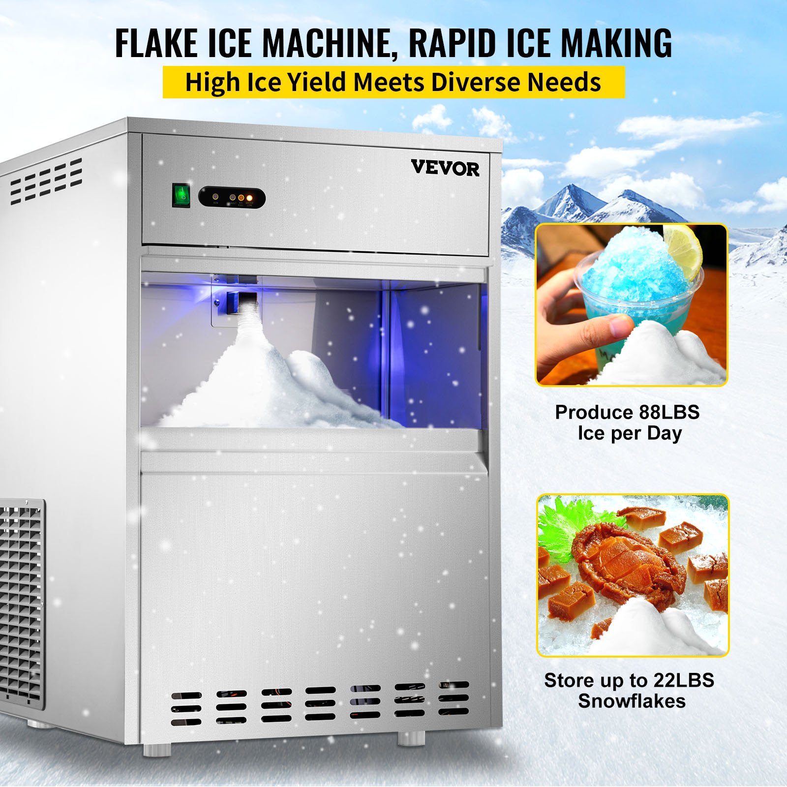 VEVOR 110V Commercial Snowflake Ice Maker 88LBS/24H, ETL Approved Food ...