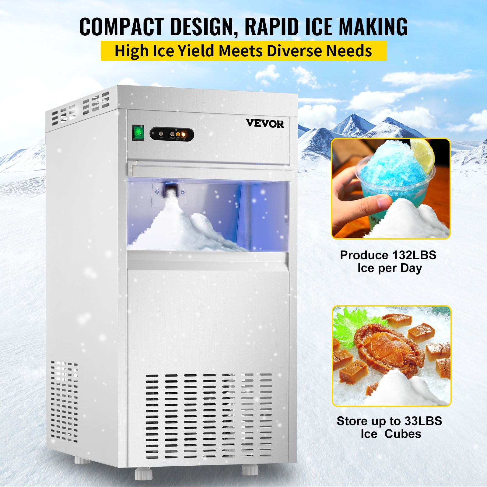VEVOR 110V Commercial Freeatanding Snowflake Ice Maker 132LBS/24H, ETL ...