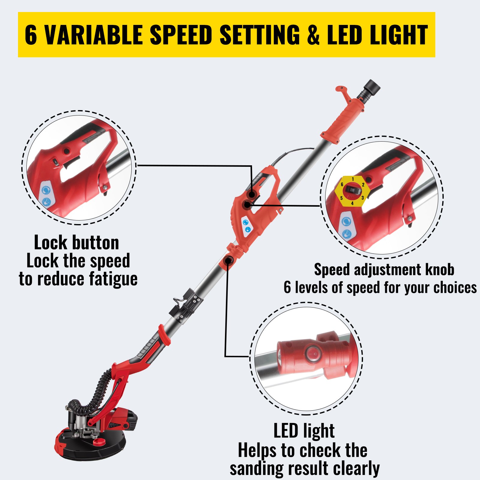 VEVOR Drywall Sander 850W, Variable Speed Dual-Head Sander 800-1750RPM ...