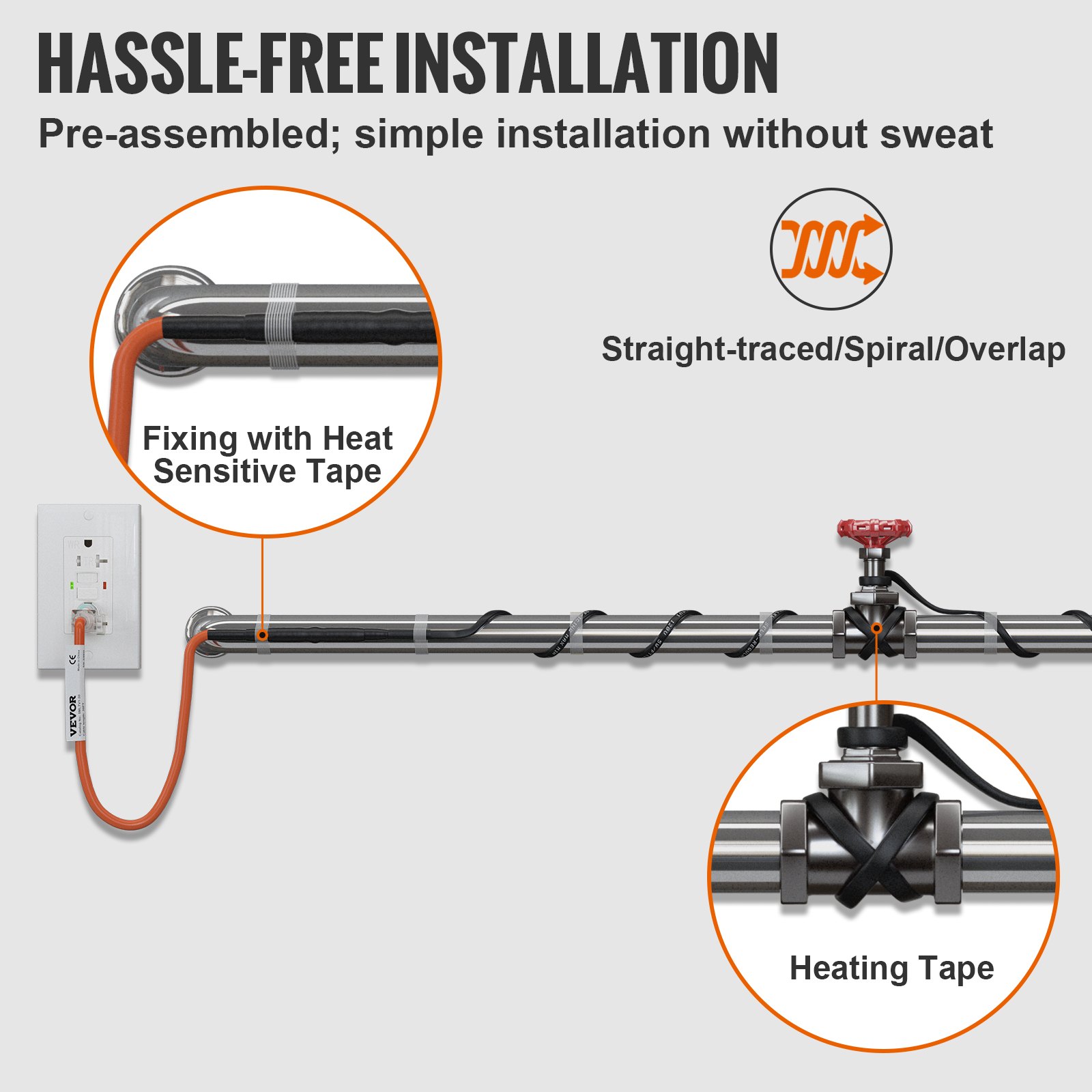 VEVOR Self-Regulating Pipe Heating Cable, 80-feet 5W/ft Heat Tape for ...