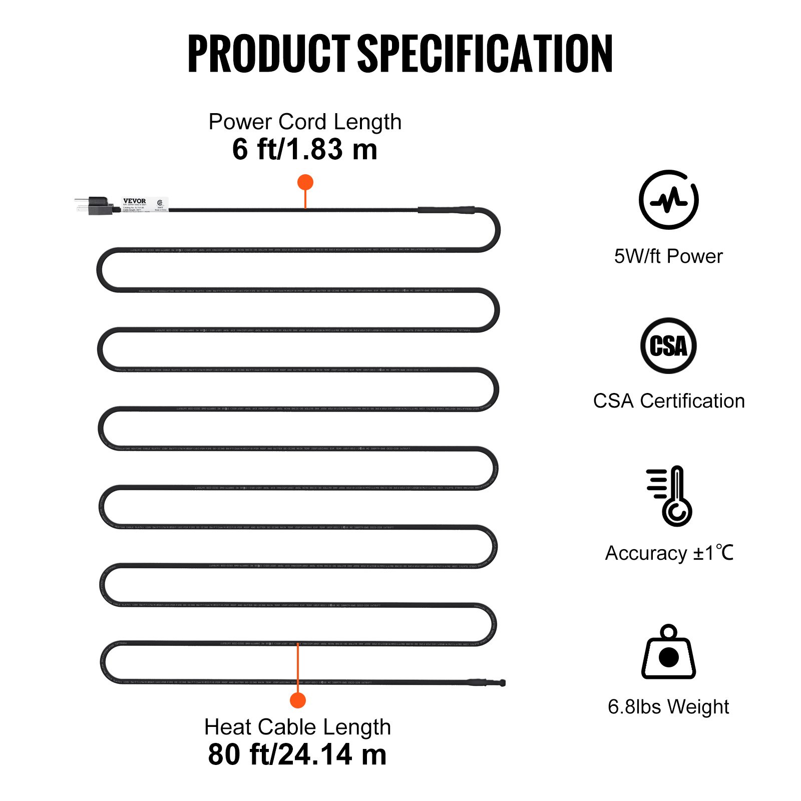 VEVOR Self-Regulating Pipe Heating Cable, 80-feet 5W/ft Heat Tape for ...