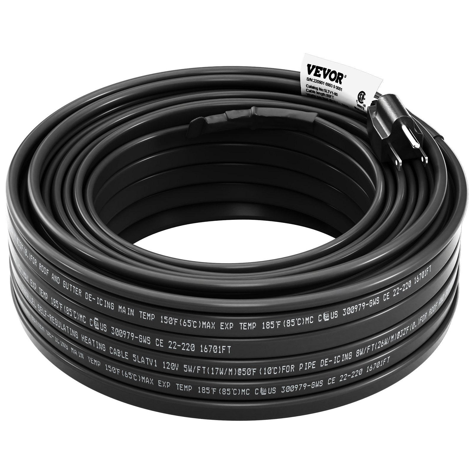 VEVOR Self-Regulating Pipe Heating Cable, 80-feet 5W/ft Heat Tape for ...