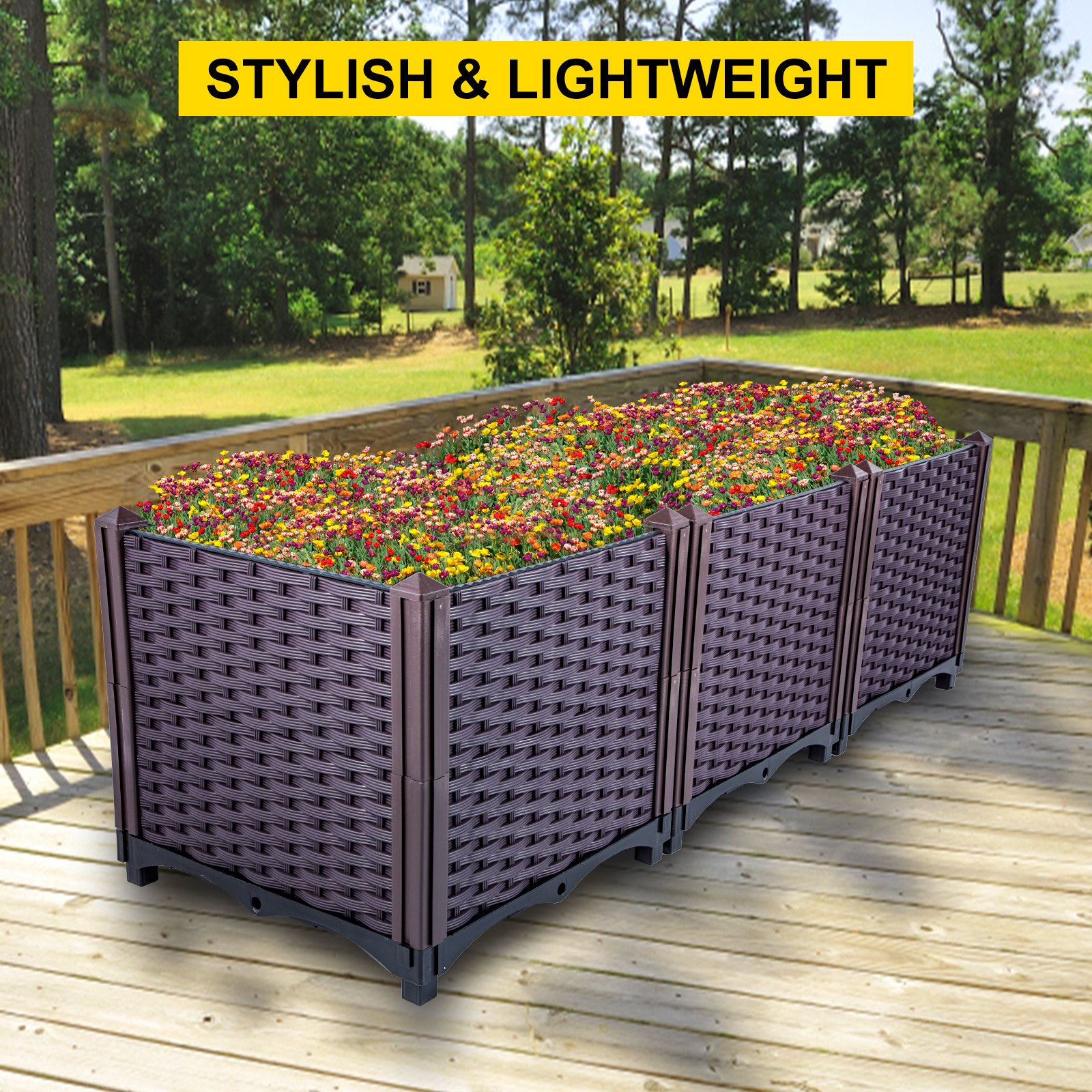 VEVOR Plastic Raised Garden Bed, 14.5" H Flower Box Kit, Brown Rattan ...