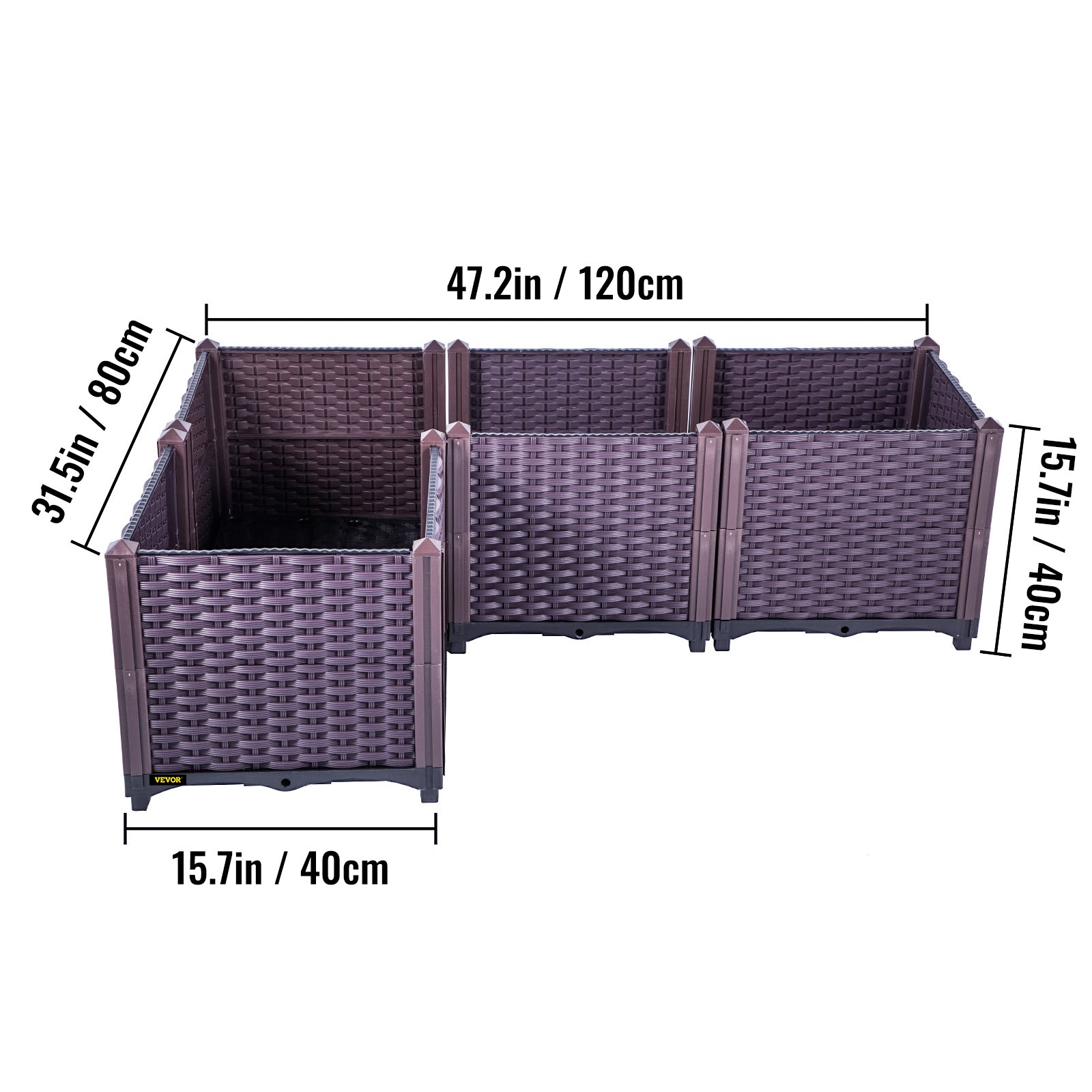 VEVOR Plastic Raised Garden Bed, 14.5H Flower Box Kit, Brown Rattan ...