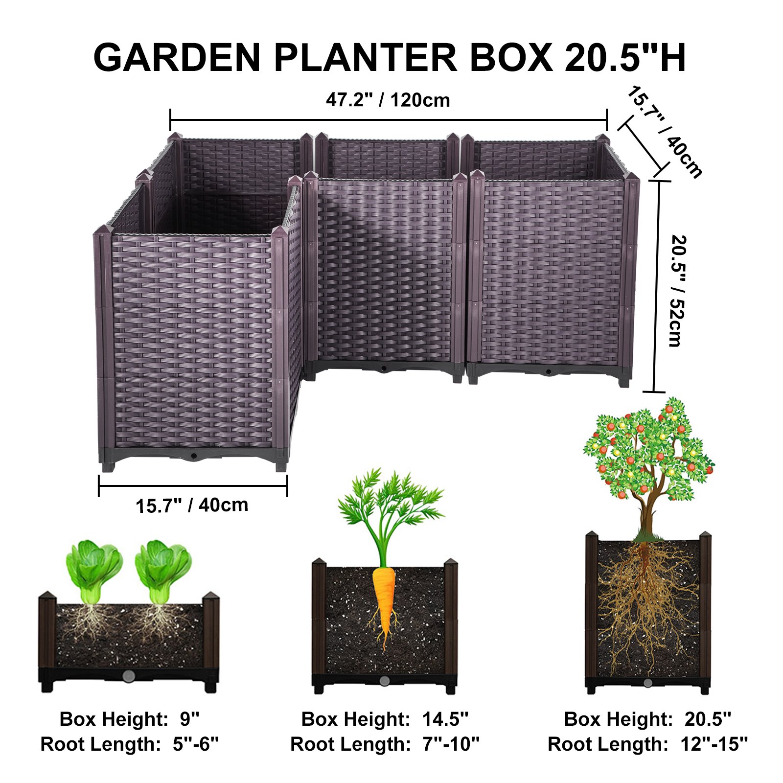 VEVOR Plastic Raised Garden Bed, 20.5H Flower Box Kit, Brown Rattan ...