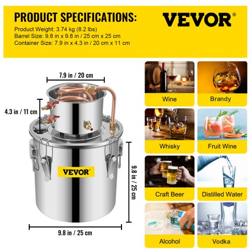 VEVOR Water Alcohol Distiller, 3 Gal, Distillery Kit w/Circulating Pump ...