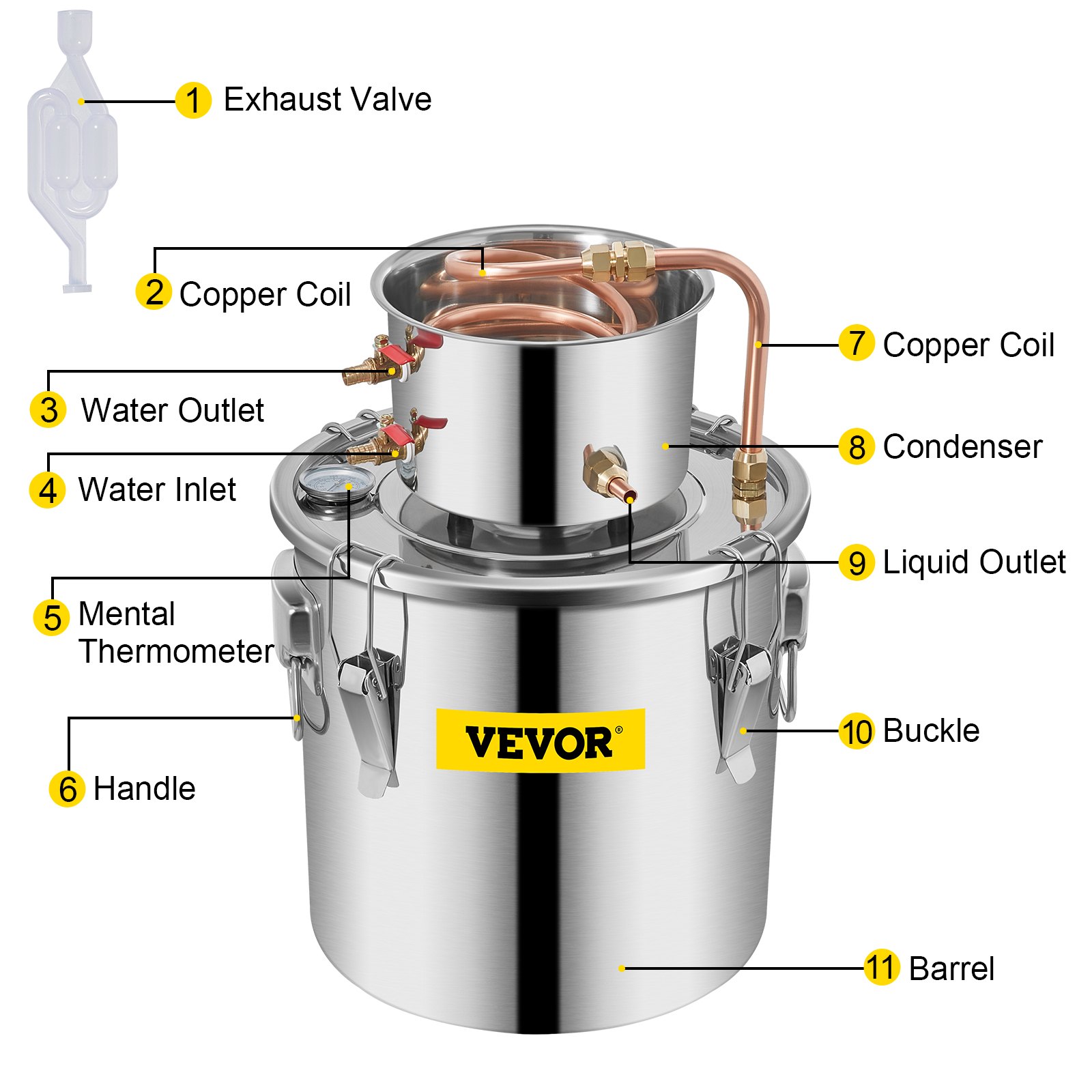 VEVOR Water Alcohol Distiller, 3 Gal, Distillery Kit w/Circulating Pump ...