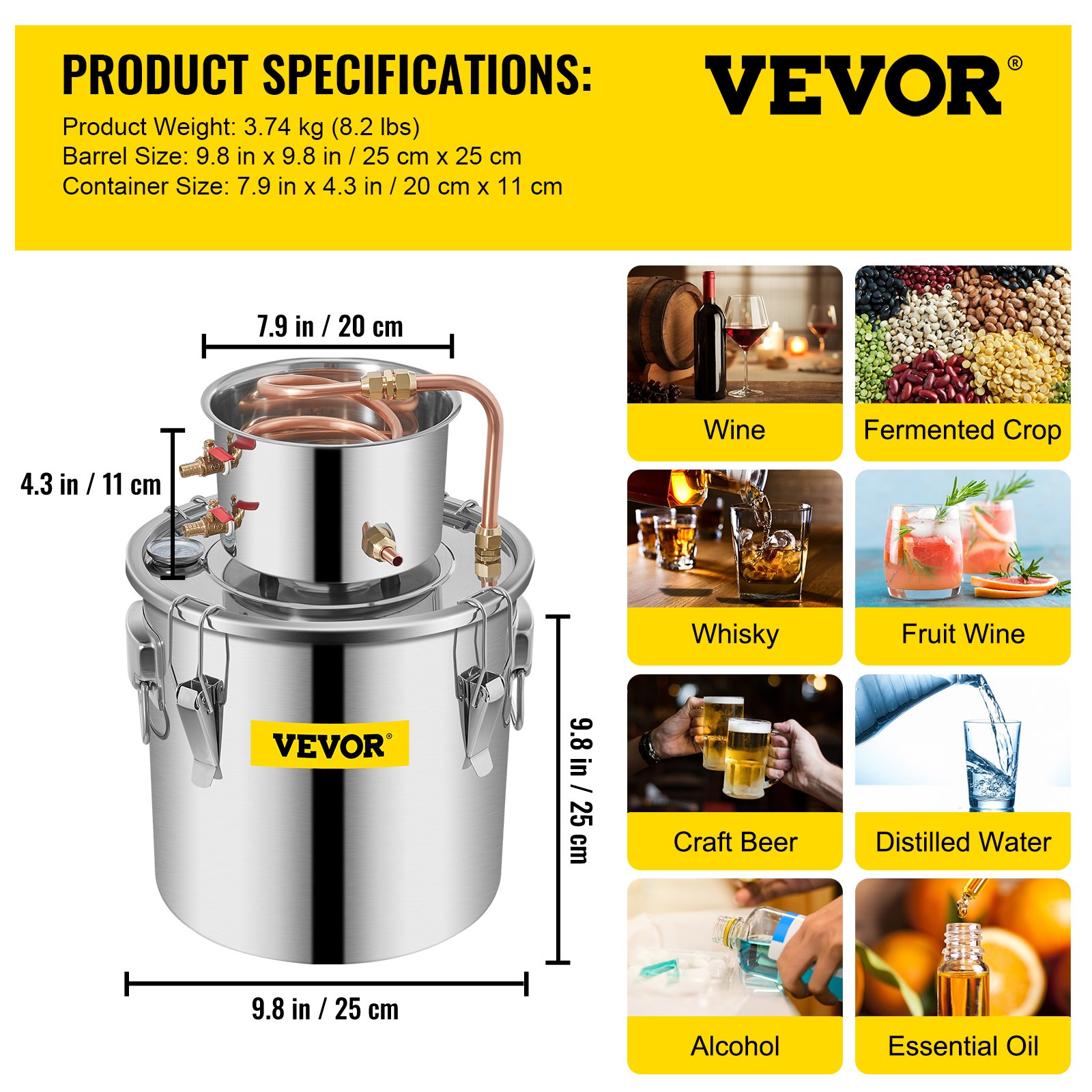 VEVOR Moonshine Still Distillery Kit 3.3Gal Whiskey Distilling Kit w ...