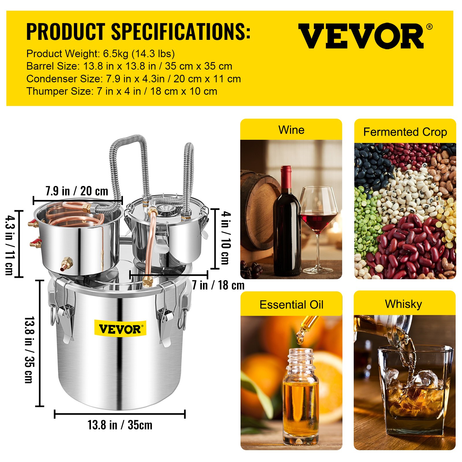 VEVOR Alcohol Still, Stainless Steel Alcohol Distiller with Copper Tube ...