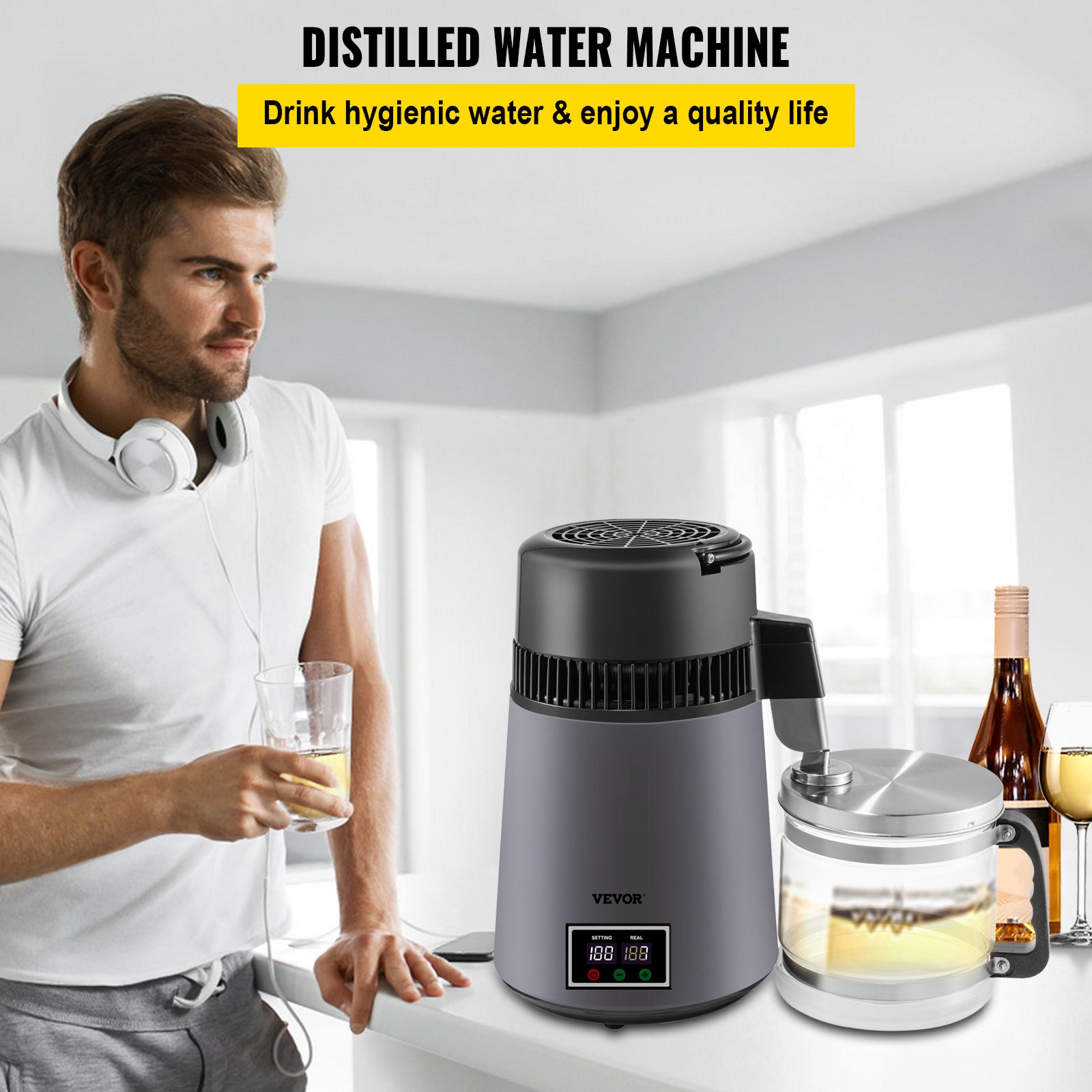 VEVOR Water Distiller 4 L Distilled Water Maker 1.1 Gal Pure Water ...