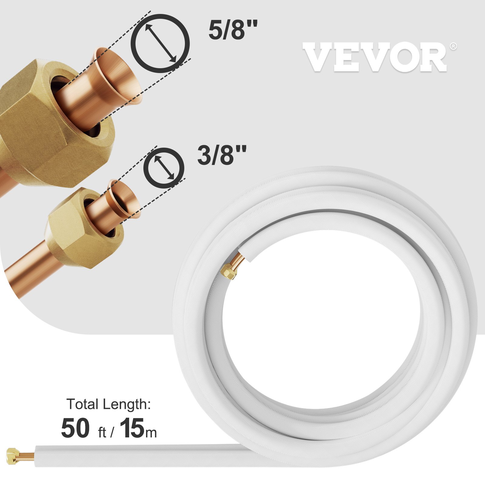 VEVOR Mini Split Copper Line Set 49.2ft Length, 3/8" & 5/8" OD Copper ...