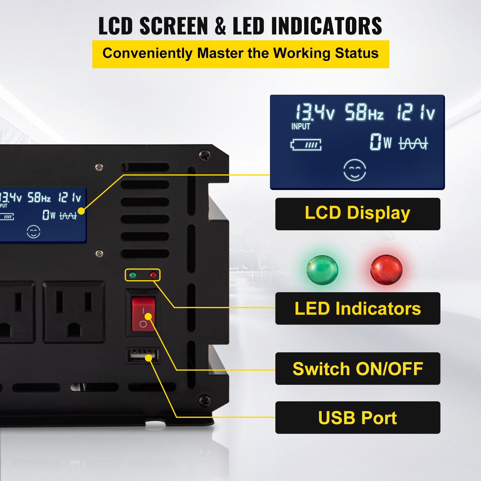 VEVOR Power Inverter, 2500W Modified Sine Wave Inverter, DC 12V to AC ...