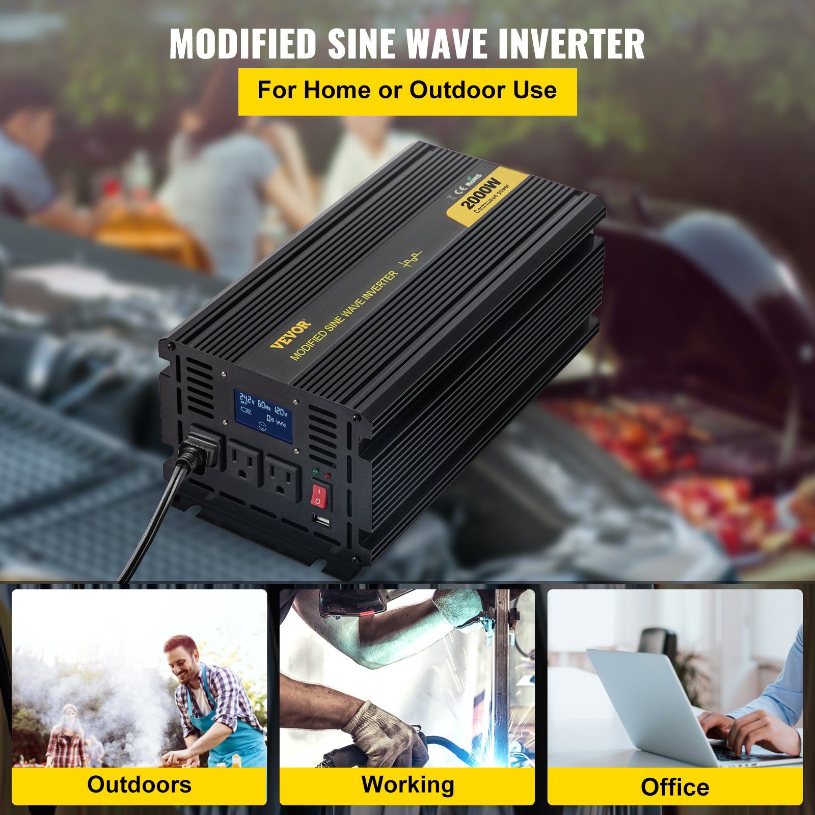 VEVOR Power Inverter, 2000W Modified Sine Wave Inverter, DC 12V to AC ...
