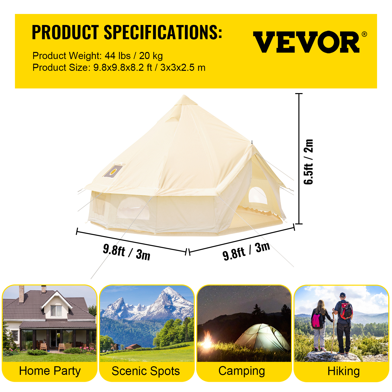 VEVOR Vevor 3m Bell Tent Canvas Teepee/tipi Waterproof Outdoor Glamping ...