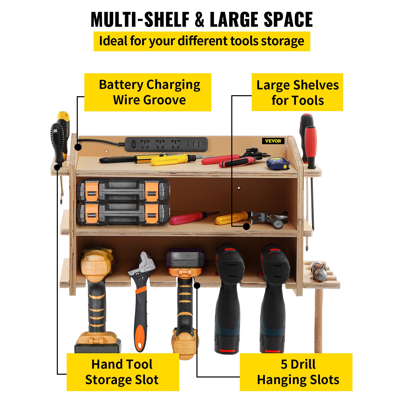VEVOR Power Tool Organizer, Wall Mounted Drill Holder, 5 Drill Hanging ...