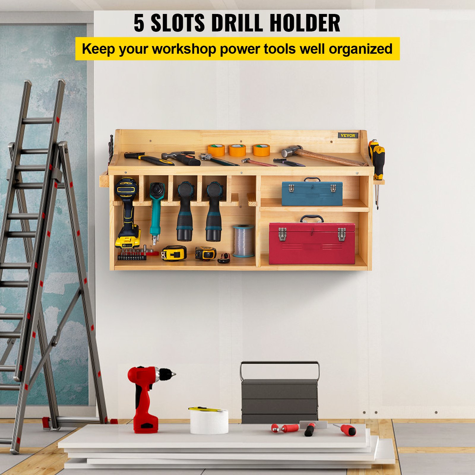 VEVOR Power Tool Organizer, Wall Mount/Benchtop Drill Holder, 5 Hanging ...
