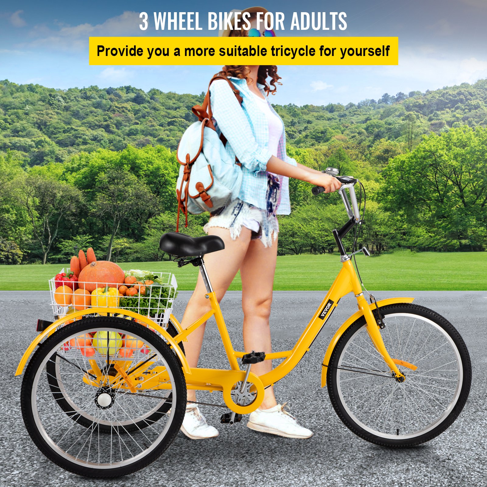 Adult Tricycle 20'' 1-Speed 3 Wheel Yellow Trike Bike Shopping W/ Lock ...