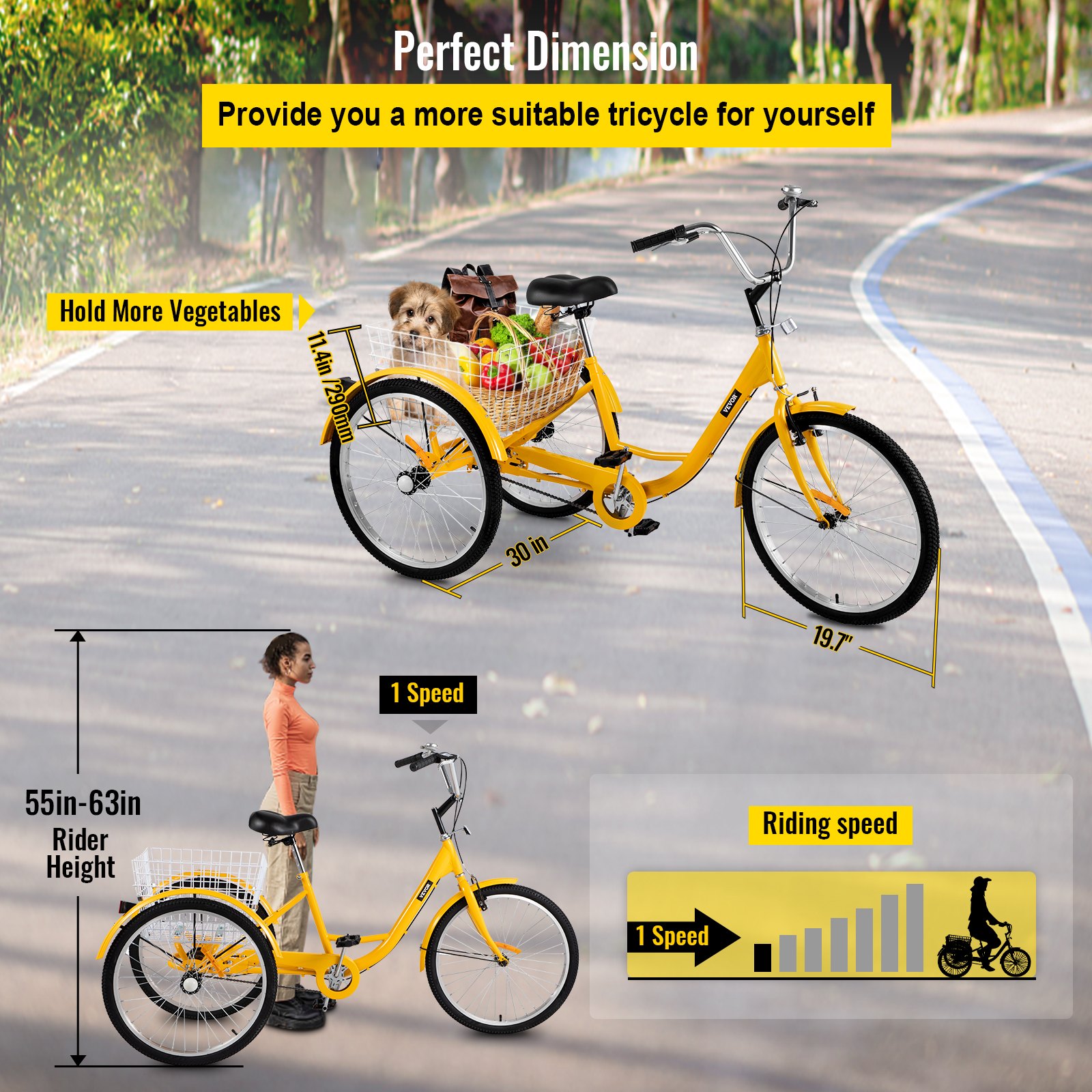 Adult Tricycle 20'' 1-Speed 3 Wheel Yellow Trike Bike Shopping W/ Lock ...