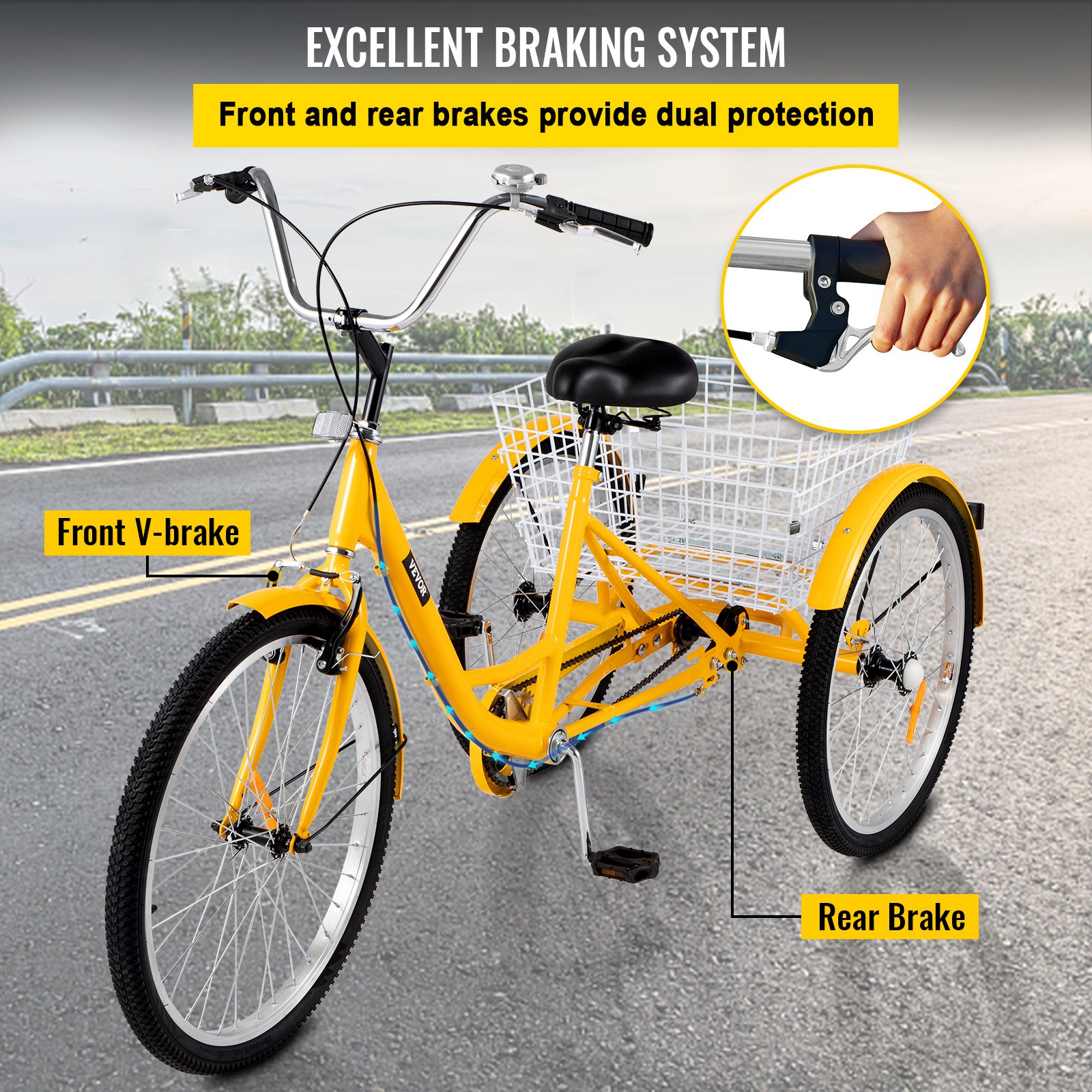 Adult Tricycle 20'' 1-Speed 3 Wheel Yellow Trike Bike Shopping W/ Lock ...