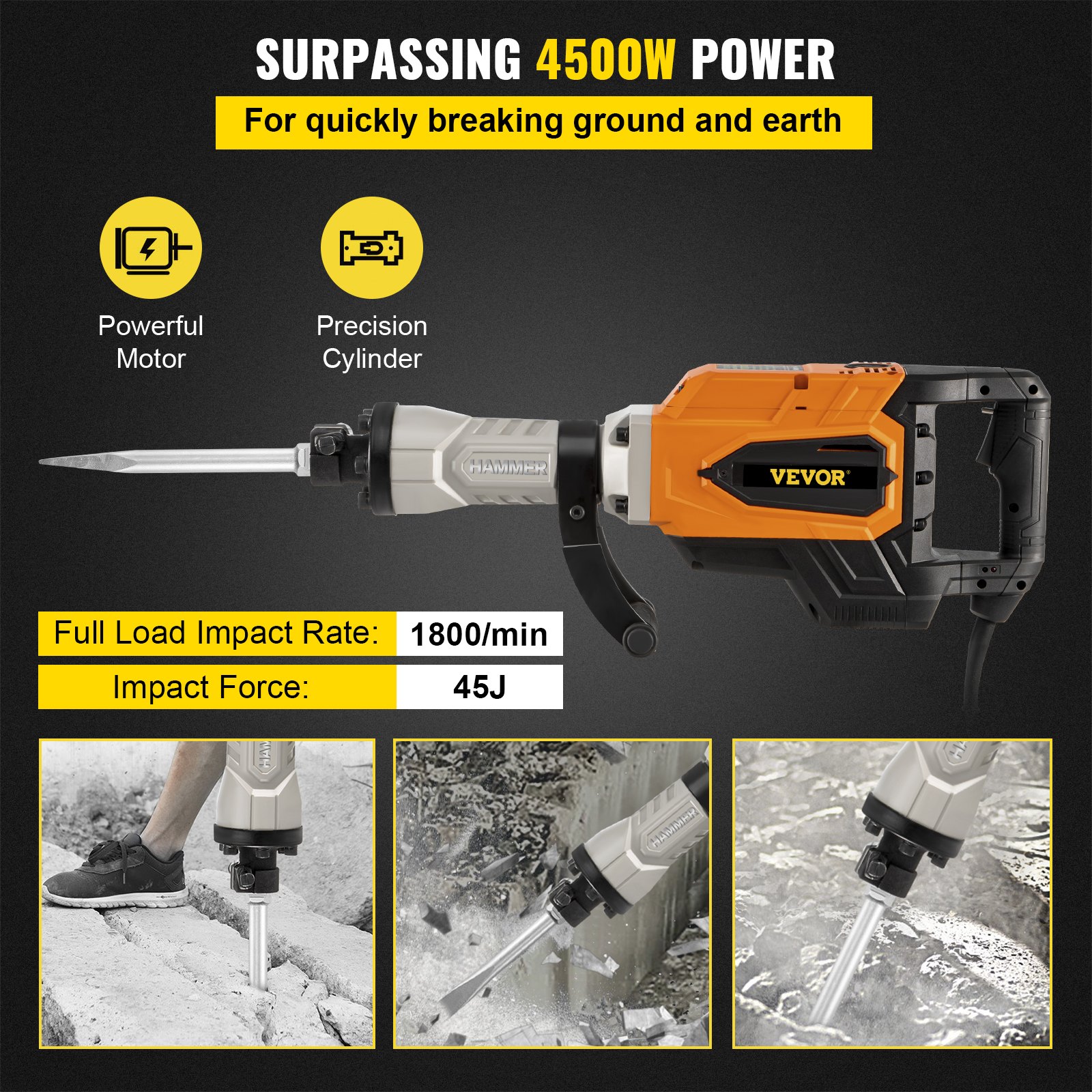 VEVOR Marteau de démolition Jack, 4500W 1800BPM, 1-1/8\" Hex Heavy Duty ...