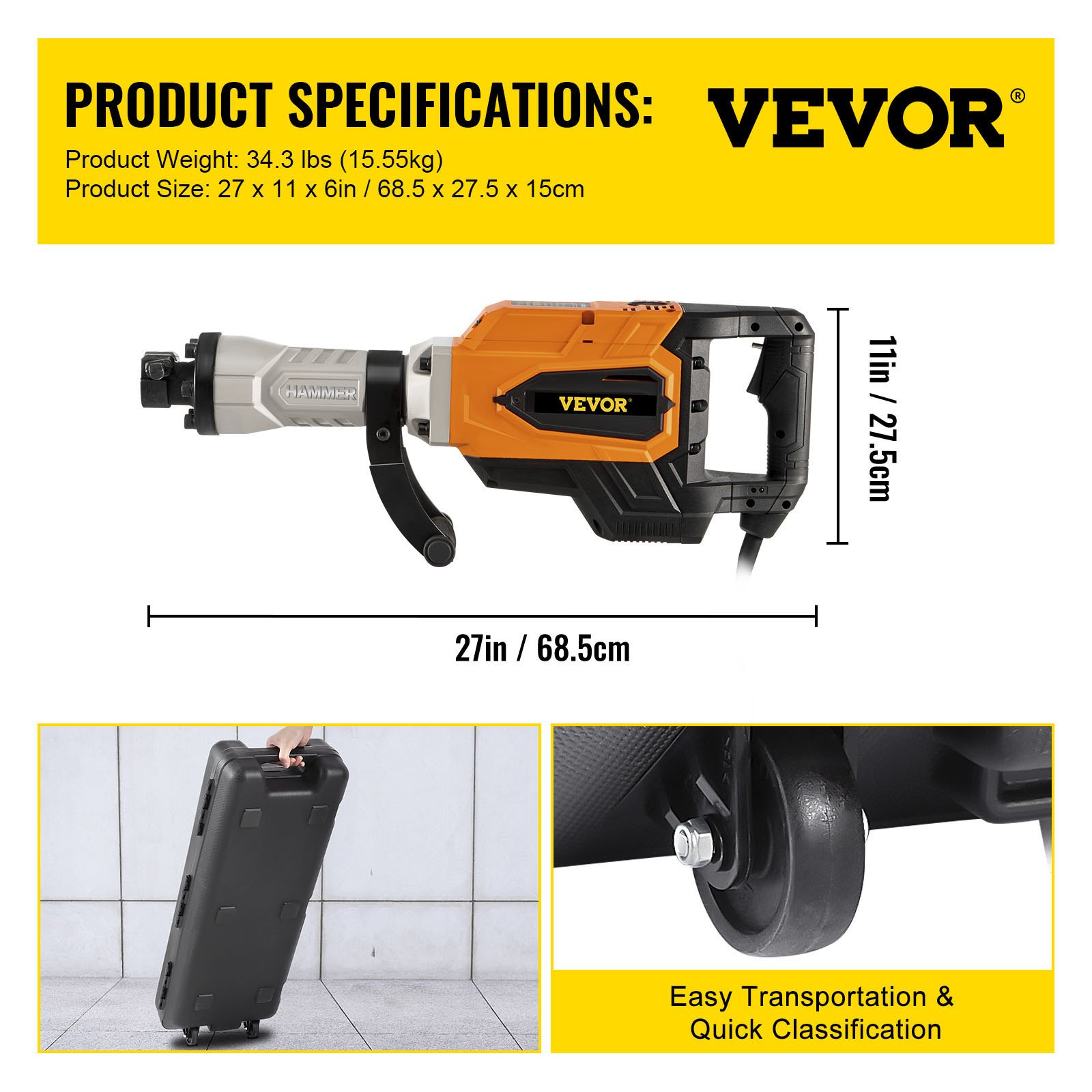 VEVOR Marteau de démolition Jack, 4500W 1800BPM, 1-1/8\" Hex Heavy Duty ...