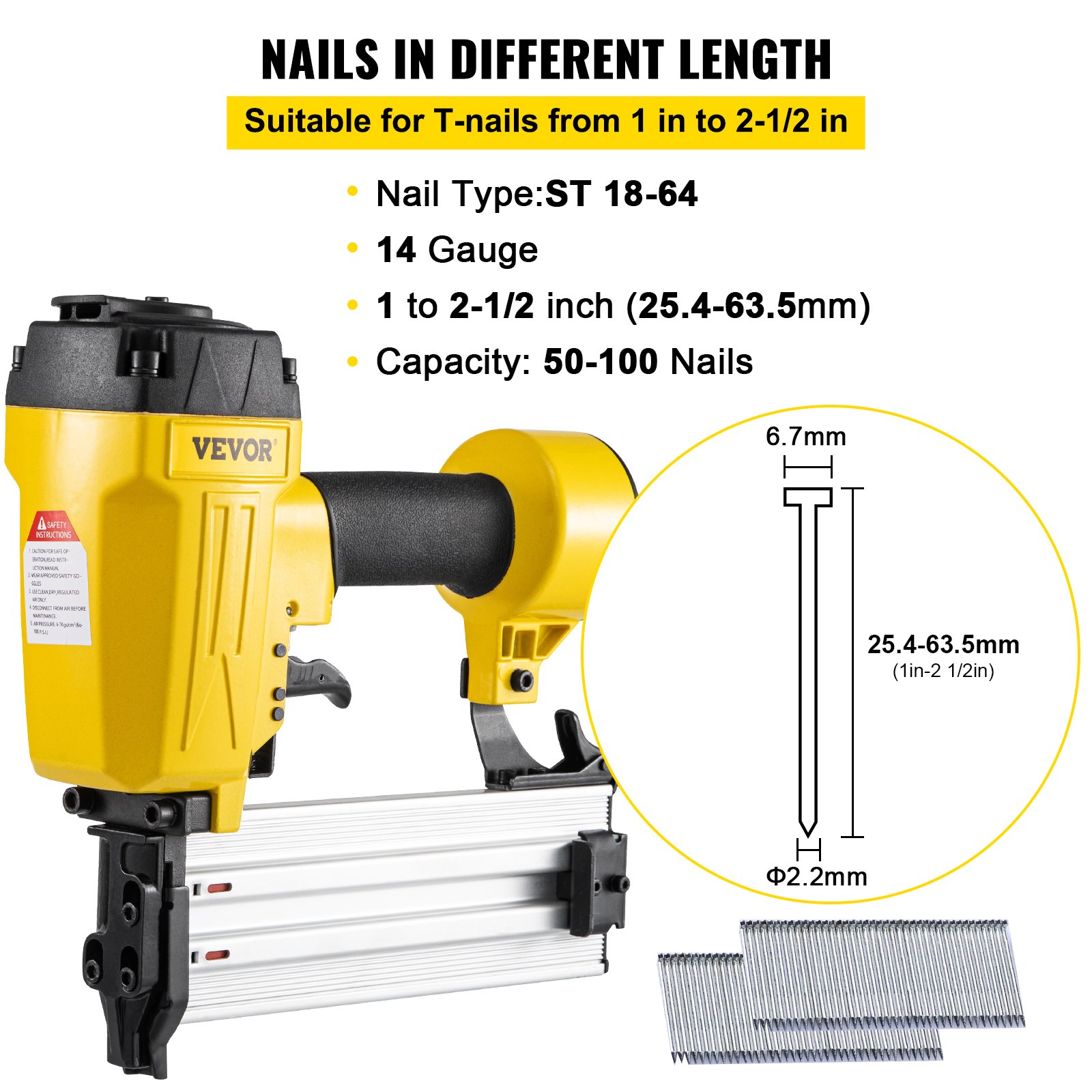 VEVOR Pneumatic Concrete Nailer, 14 Gauge 1 to 2-1/2 Inch Heavy Duty T ...