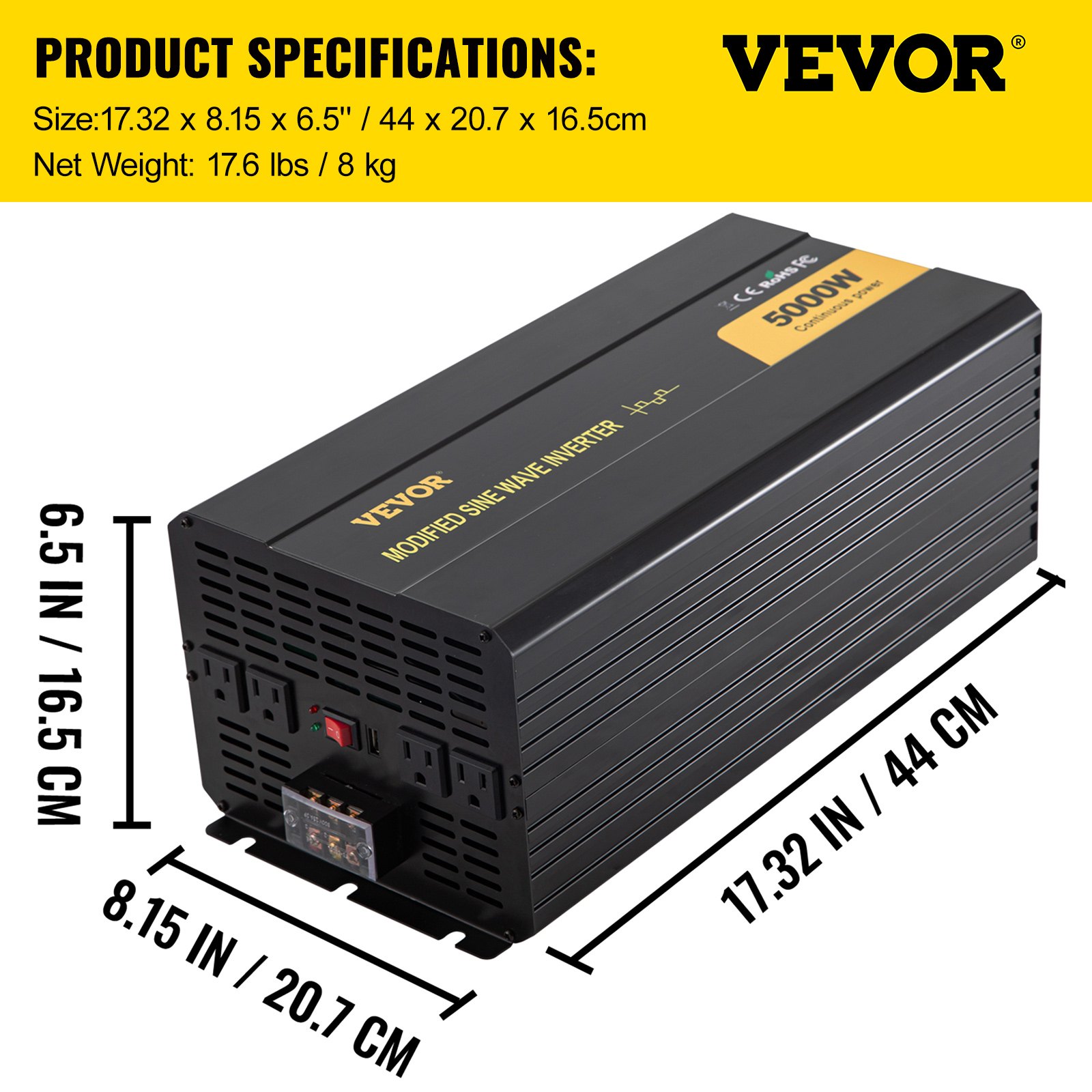 VEVOR Power Inverter, 5000W Modified Sine Wave Inverter, DC 12V to AC ...